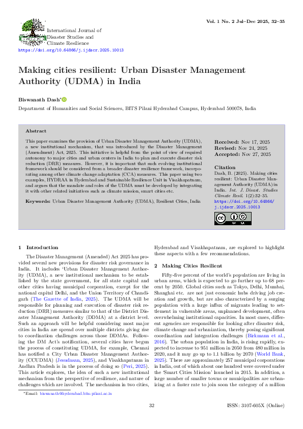 (PDF) Making cities resilient: Urban Disaster Management Authority ...