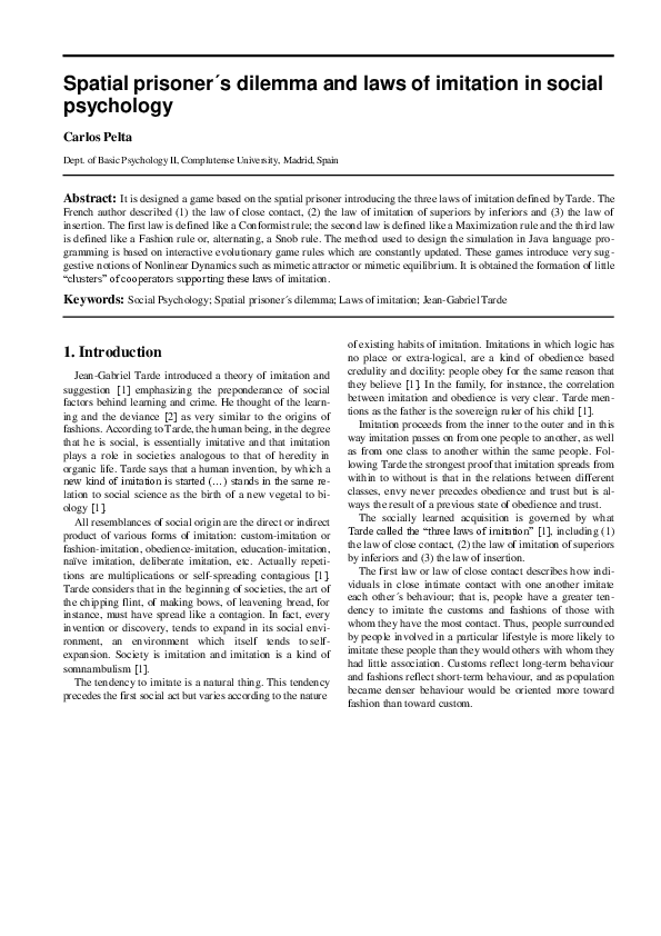 (PDF) Spatial prisoner´s dilemma and laws of imitation in social psychology