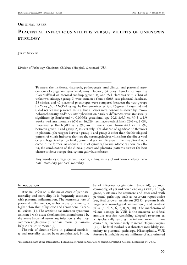 (PDF) Placental infectious villitis versus villitis of unknown etiology