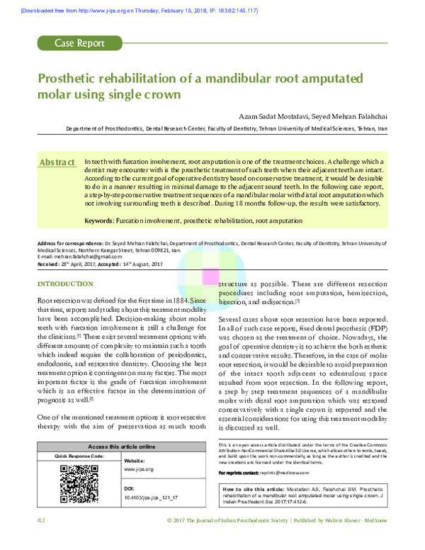 (PDF) Prosthetic rehabilitation of a mandibular root amputated molar ...
