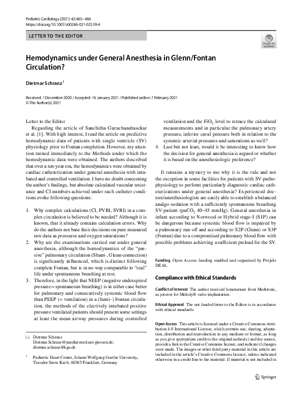 (PDF) Hemodynamics under General Anesthesia in Glenn/Fontan Circulation?