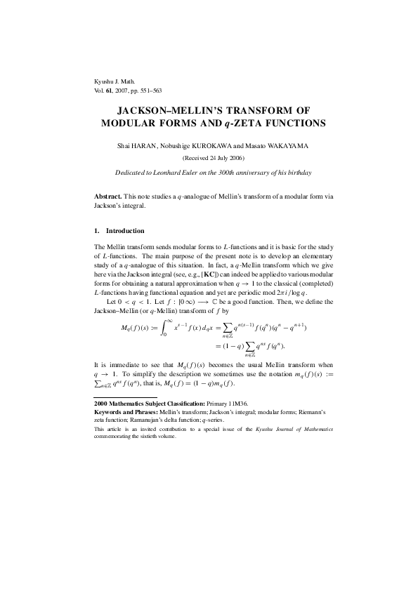 (PDF) JACKSON-MELLIN'S TRANSFORM OF MODULAR FORMS AND q-ZETA FUNCTIONS