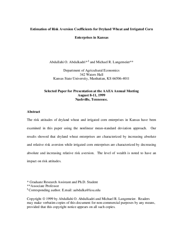(PDF) Estimation of Risk Aversion Coefficients for Dryland Wheat and ...