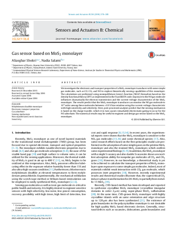 (PDF) Gas sensor based on MoS 2 monolayer