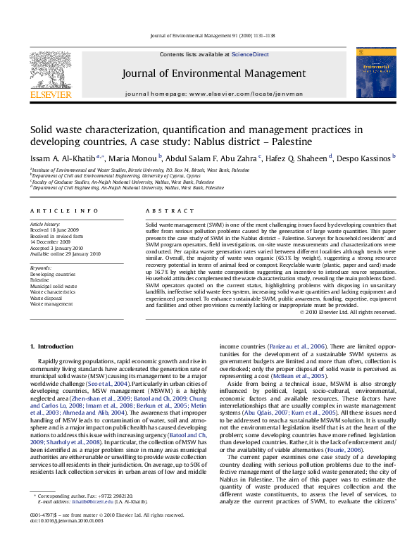 (PDF) Solid waste characterization, quantification and management ...