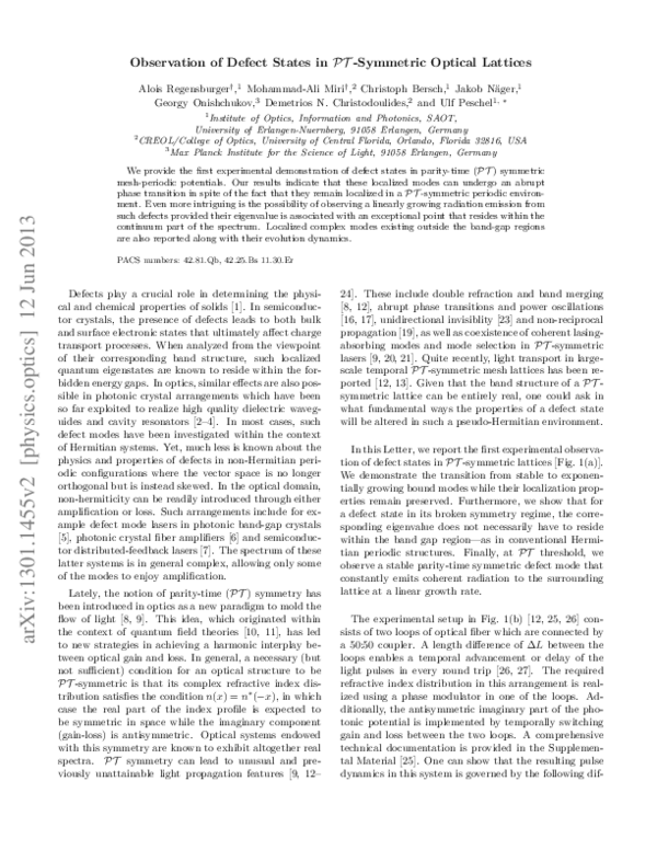 (PDF) Observation of defect states in PT-symmetric optical lattices