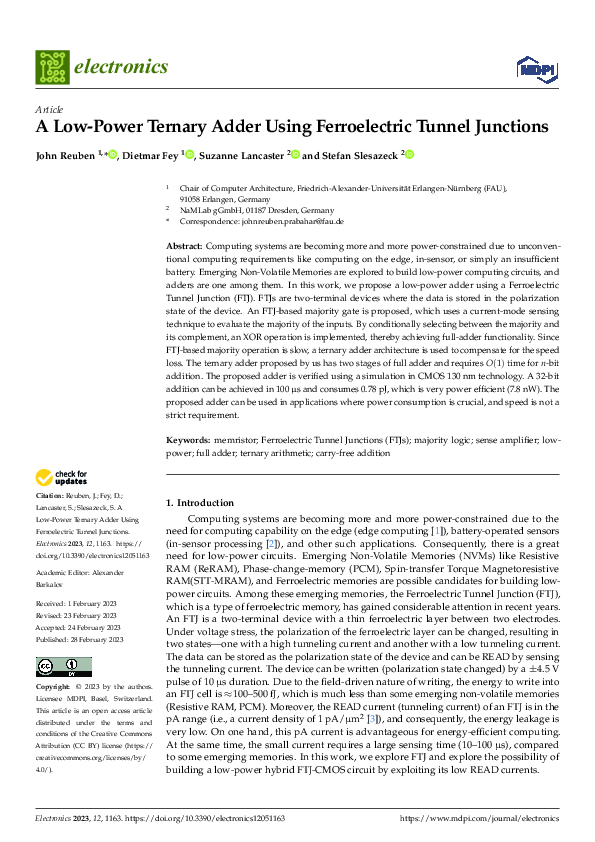 (PDF) A Low-Power Ternary Adder Using Ferroelectric Tunnel Junctions