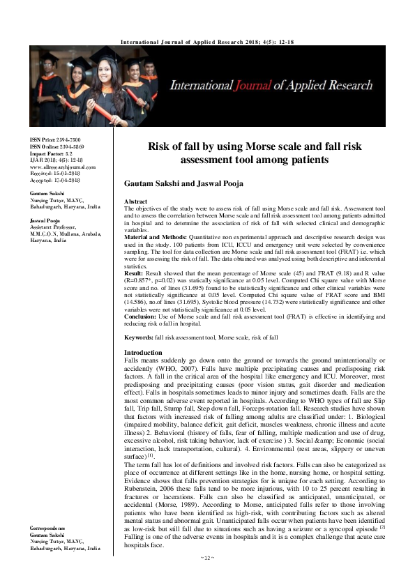 (PDF) Risk of fall by using Morse scale and fall risk assessment tool ...
