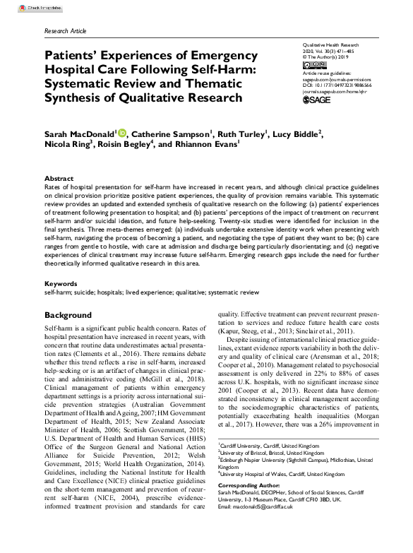 (PDF) Patients’ Experiences of Emergency Hospital Care Following Self ...