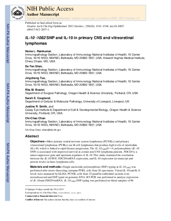 (PDF) IL-10 -1082 SNP and IL-10 in primary CNS and vitreoretinal lymphomas