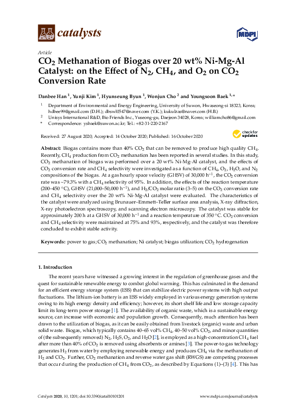 (PDF) CO2 Methanation of Biogas over 20 wt% Ni-Mg-Al Catalyst: on the ...