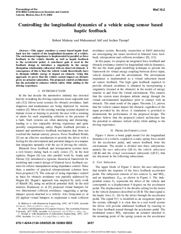 (PDF) Controlling the longitudinal dynamics of a vehicle using sensor ...