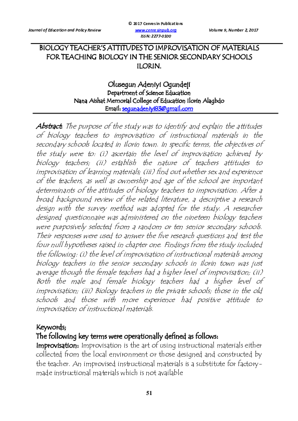 (PDF) Biology Teacher's Attitudes to Improvisation of Materials for ...