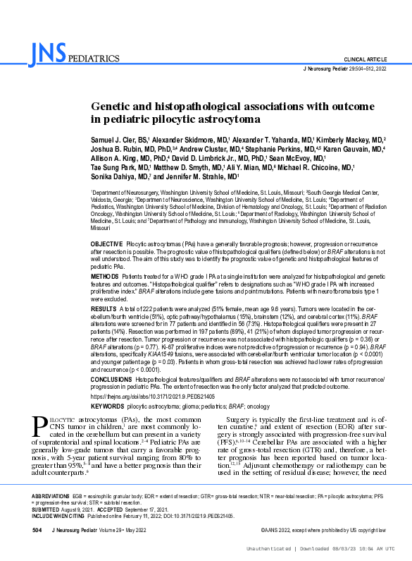 (PDF) Genetic and histopathological associations with outcome in pediatric pilocytic astrocytoma