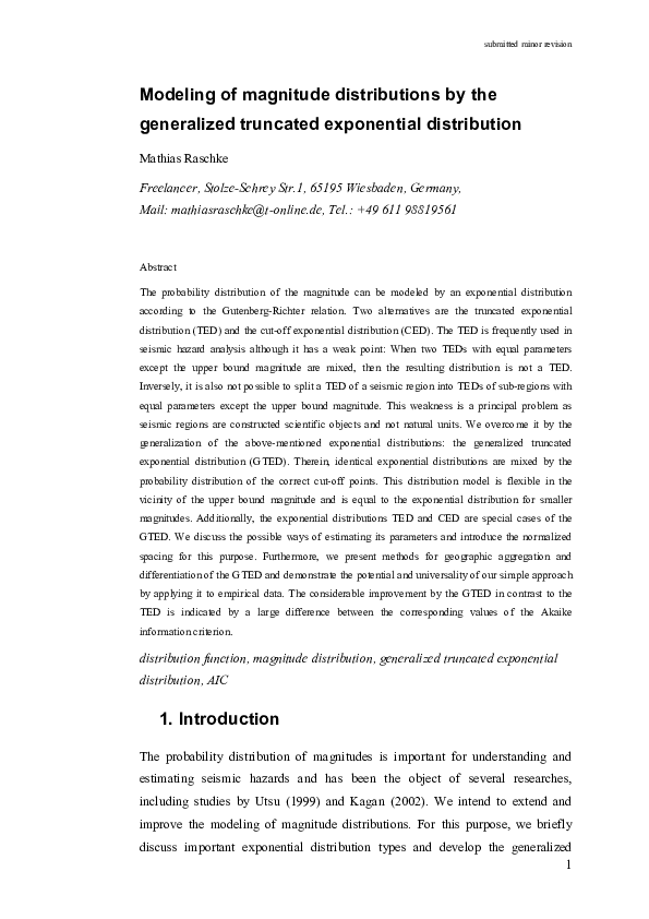 (PDF) Modeling of magnitude distributions by the generalized truncated ...