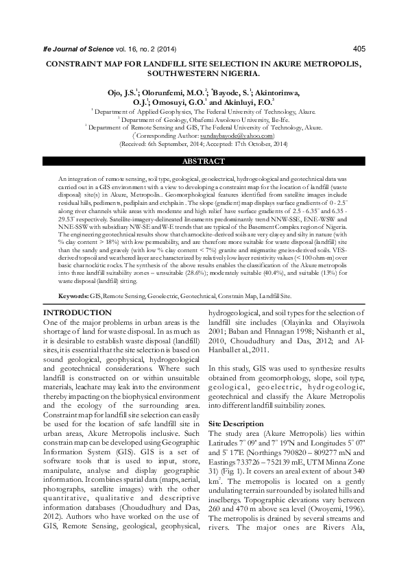 (PDF) Constraint map for landfill site selection in Akure Metropolis ...