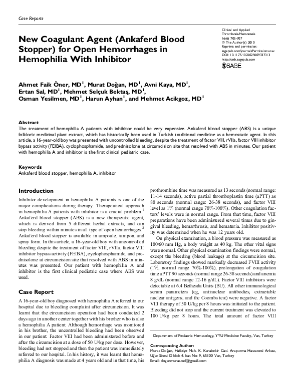 (PDF) New Coagulant Agent (Ankaferd Blood Stopper) for Open Hemorrhages ...