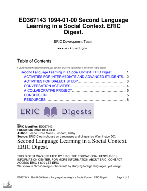 (PDF) Second Language Learning in a Social Context. ERIC Digest