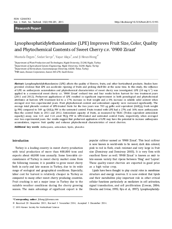 (PDF) Lysophosphatidylethanolamine (LPE) Improves Fruit Size, Color ...