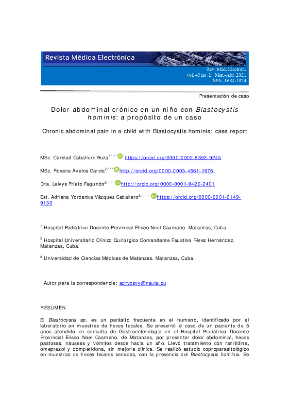 (PDF) Dolor abdominal crónico en un niño con Blastocystis hominis: a propósito de un caso