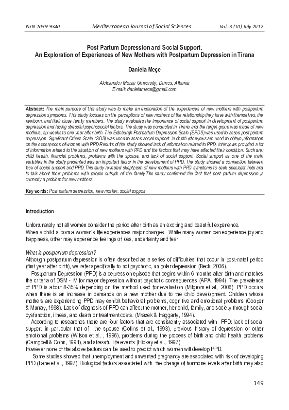 (PDF) Post Partum Depression and Social Support. An Exploration of ...