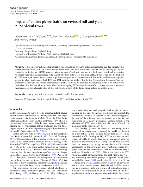(PDF) Impact of cotton picker traffic on vertosol soil and yield in individual rows