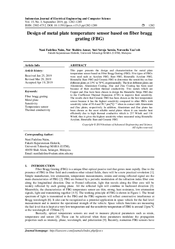 (PDF) Design of metal plate temperature sensor based on fiber bragg ...