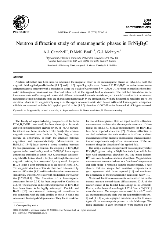 (PDF) Neutron diffraction study of metamagnetic phases in ErNi2B2C