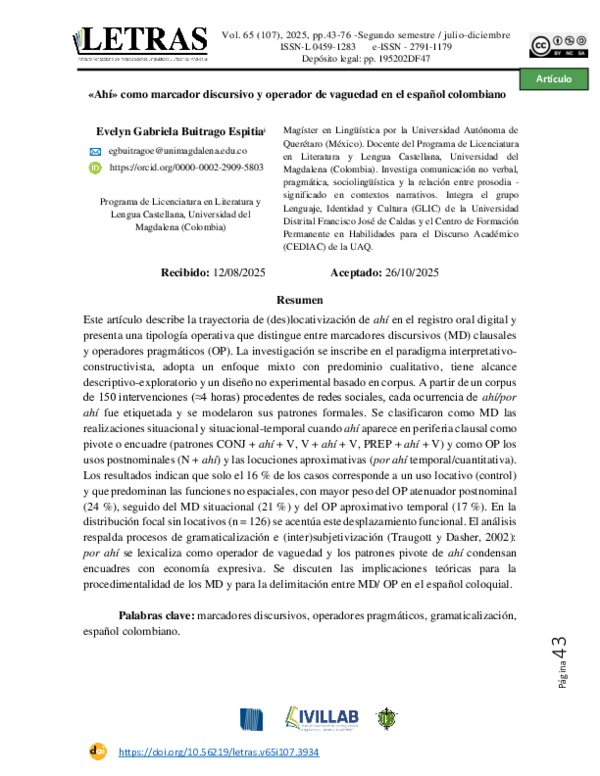 (PDF) «Ahí» como marcador discursivo y operador de vaguedad en el español colombiano