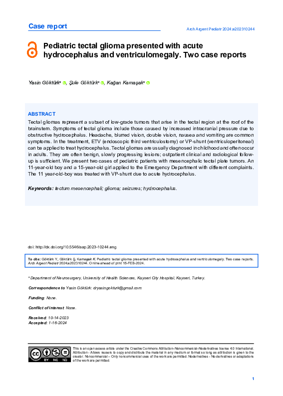(PDF) Pediatric tectal glioma presented with acute hydrocephalus and ...