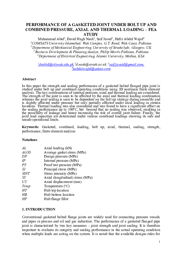 (PDF) Performance of a gasketed joint under bolt up and combined ...