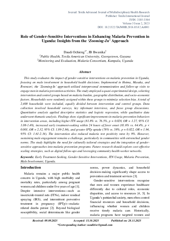 (PDF) Role of Gender-Sensitive Interventions in Enhancing Malaria ...