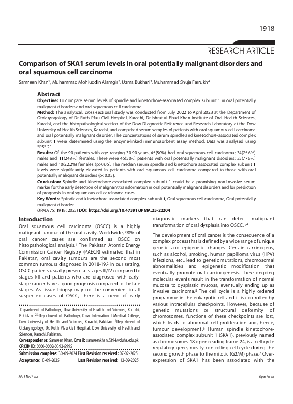 (PDF) Comparison of SKA1 serum levels in oral potentially malignant ...