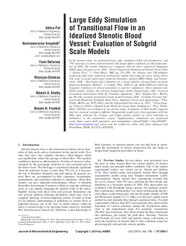 (PDF) Large Eddy Simulation of Transitional Flow in an Idealized Stenotic Blood Vessel ...