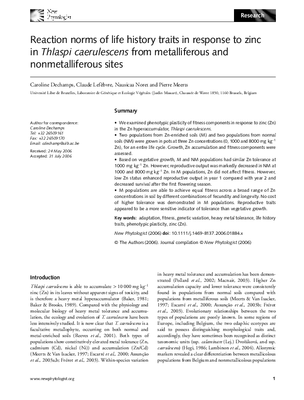(PDF) Reaction norms of life history traits in response to zinc in ...
