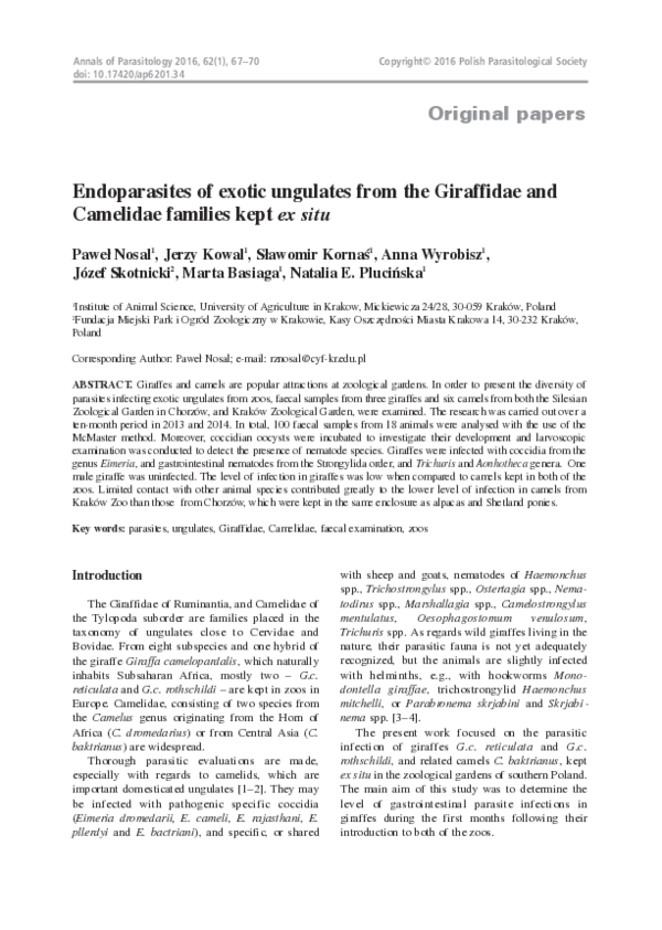 (PDF) Endoparasites of exotic ungulates from the Giraffidae and ...