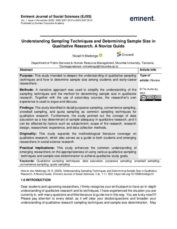 (PDF) Understanding Sampling Techniques and Determining Sample Size in Qualitative Research. A ...