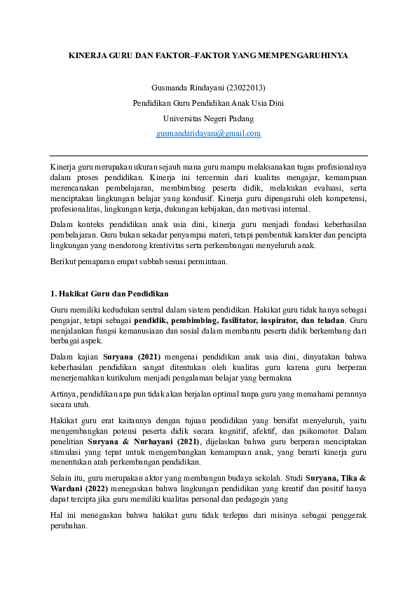 (PDF) KINERJA GURU DAN FAKTOR-FAKTOR YANG MEMPENGARUHINYA
