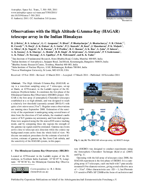 (PDF) Observations with the High Altitude GAmma-Ray (HAGAR) telescope ...