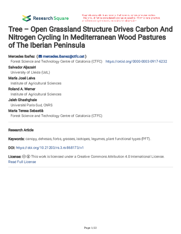 (PDF) Tree – Open Grassland Structure Drives Carbon And Nitrogen ...