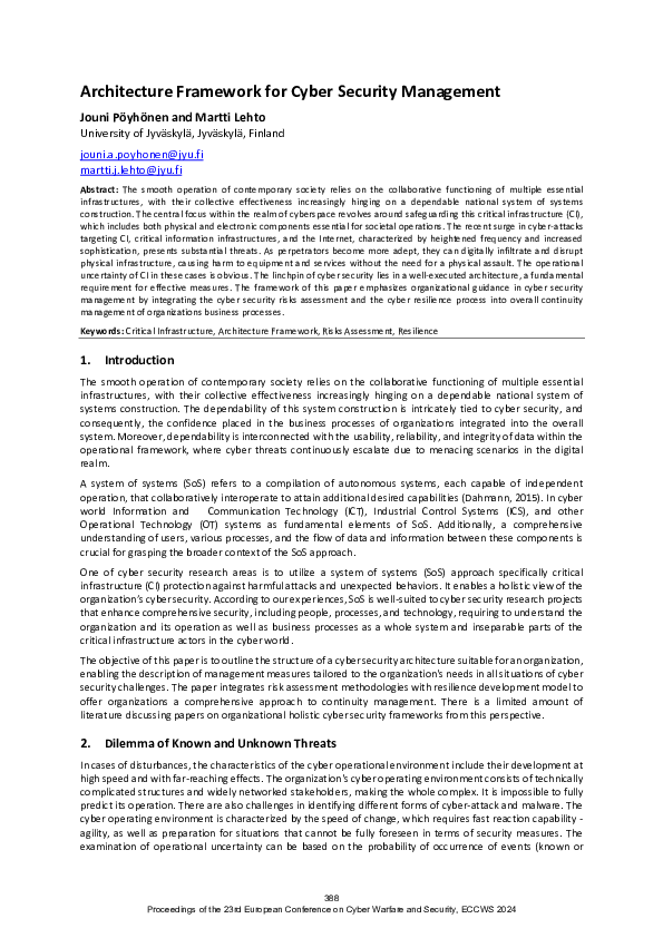 (PDF) Architecture Framework for Cyber Security Management