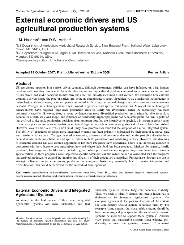 (PDF) External economic drivers and US agricultural production systems