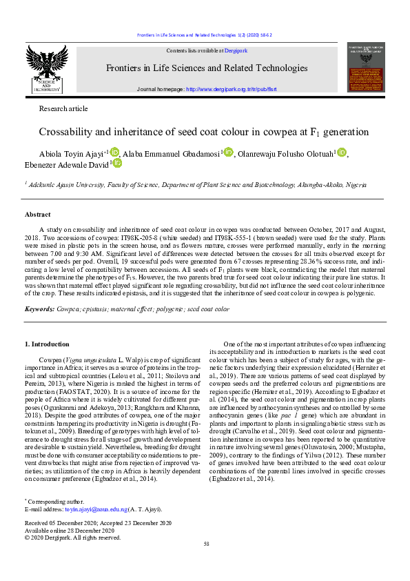 (PDF) Crossability and inheritance of seed coat colour in cowpea at F1 ...