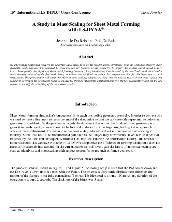 (PDF) A Study in Mass Scaling for Sheet Metal Forming with LS-DYNA
