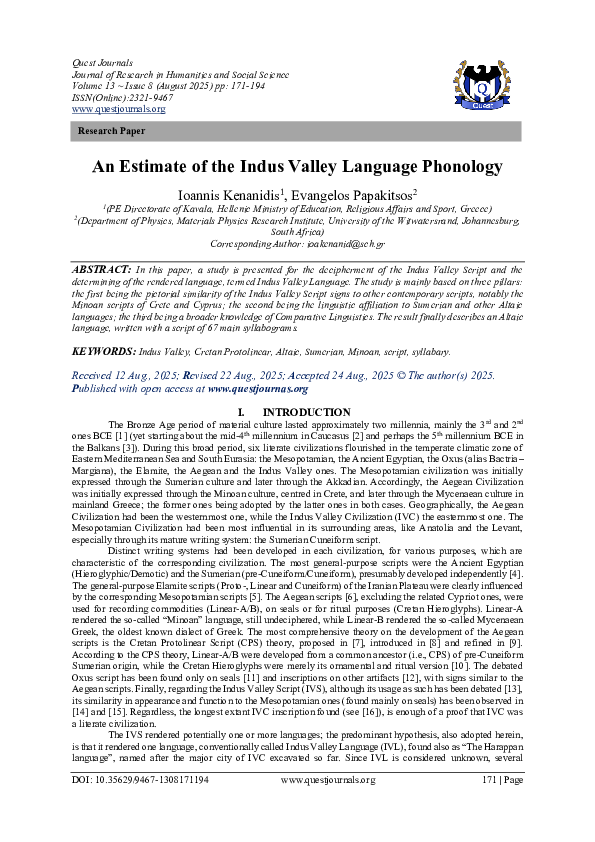 (PDF) An Estimate of the Indus Valley Language Phonology