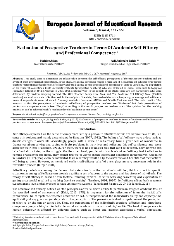 (PDF) Evaluation of Prospective Teachers in Terms Of Academic Self-Efficacy and Professional ...