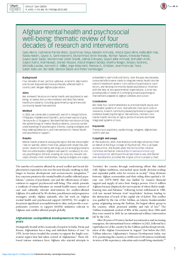 (PDF) Afghan mental health and psychosocial well-being: thematic review ...