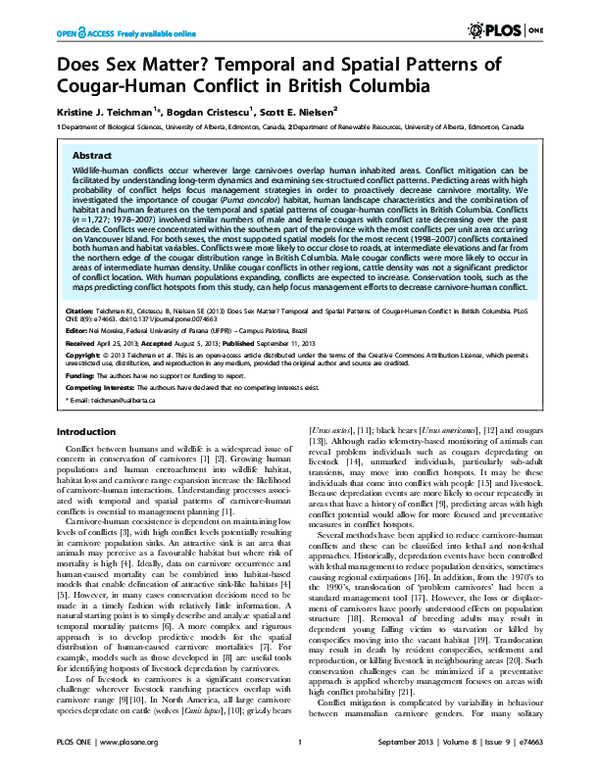 (PDF) Does Sex Matter? Temporal and Spatial Patterns of Cougar-Human ...