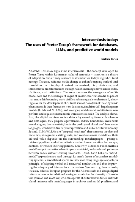 (PDF) Intersemiosis today: The uses of Peeter Torop’s framework for ...