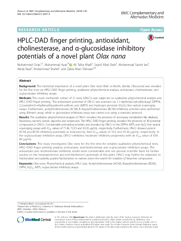 (PDF) HPLC-DAD finger printing, antioxidant, cholinesterase, and α ...